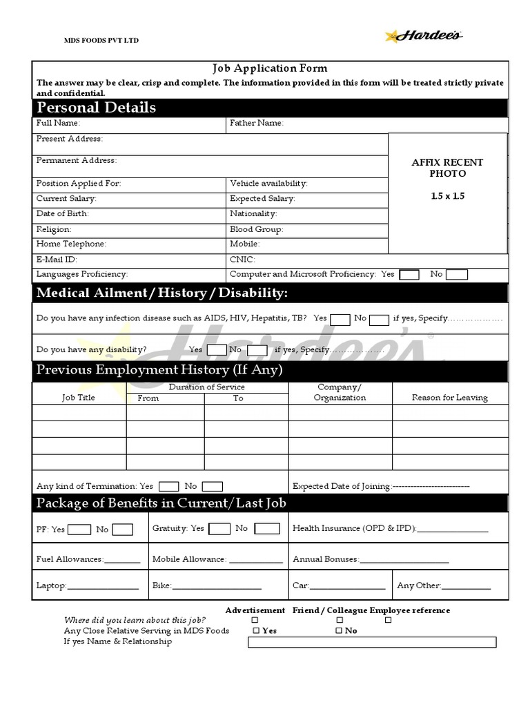 Hardee's Job Application Form | PDF | Employment | Health Sciences