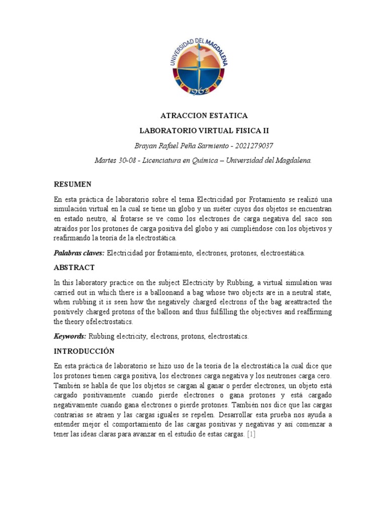ATRACCIÓN ESTÁTICA - INFORME INDIVIDUAL Mio | PDF | Carga eléctrica | Átomos