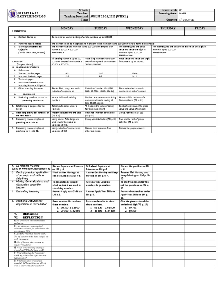 DLL - Math 4 - Q1 - W1 | Download Free PDF | Learning | Teachers