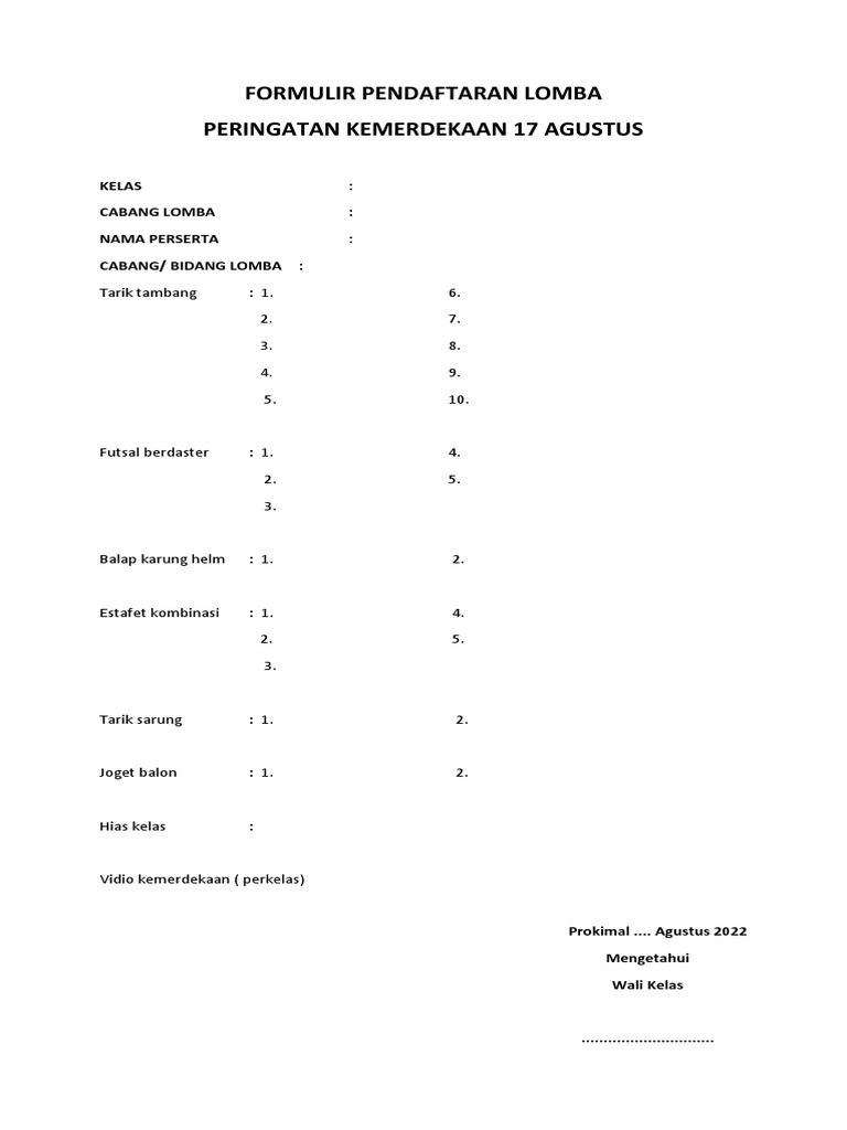 Formulir Pendaftaran Lomba | PDF
