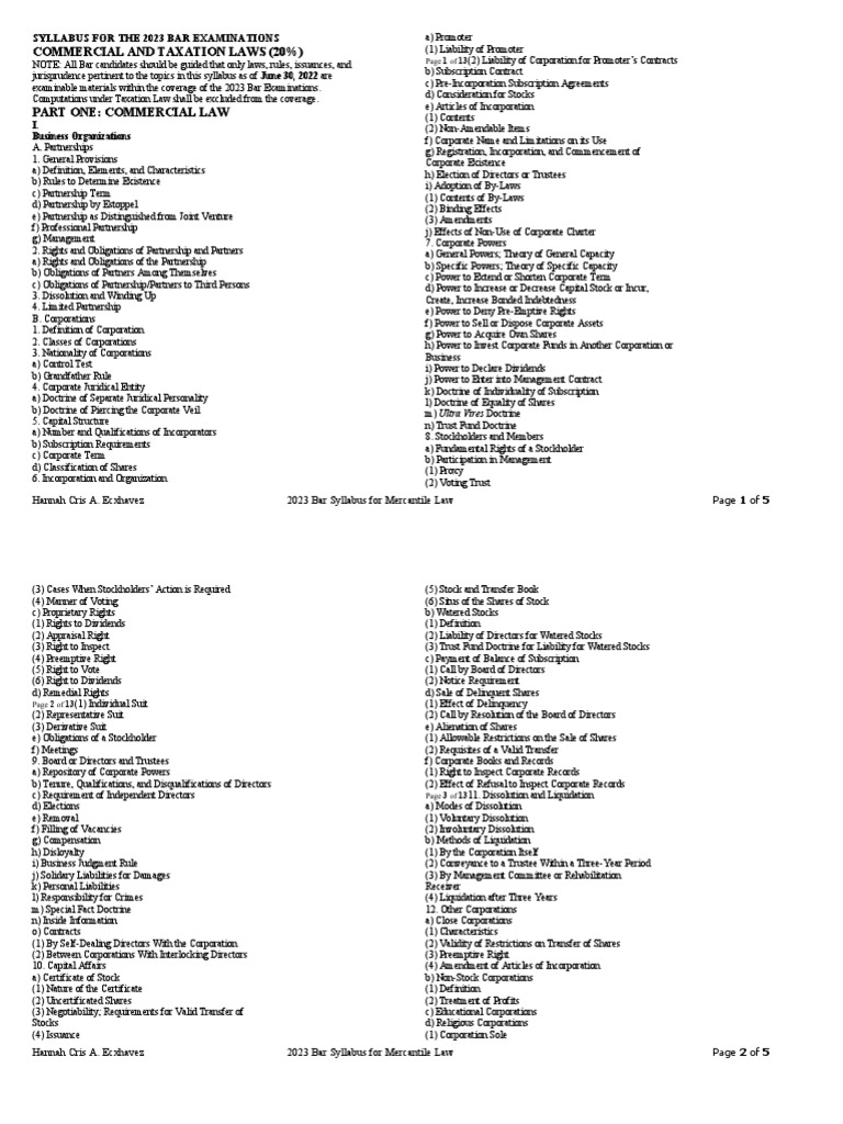 SYLLABUS Mercantile FOR THE 2023 BAR EXAMINATIONS | PDF | Partnership ...