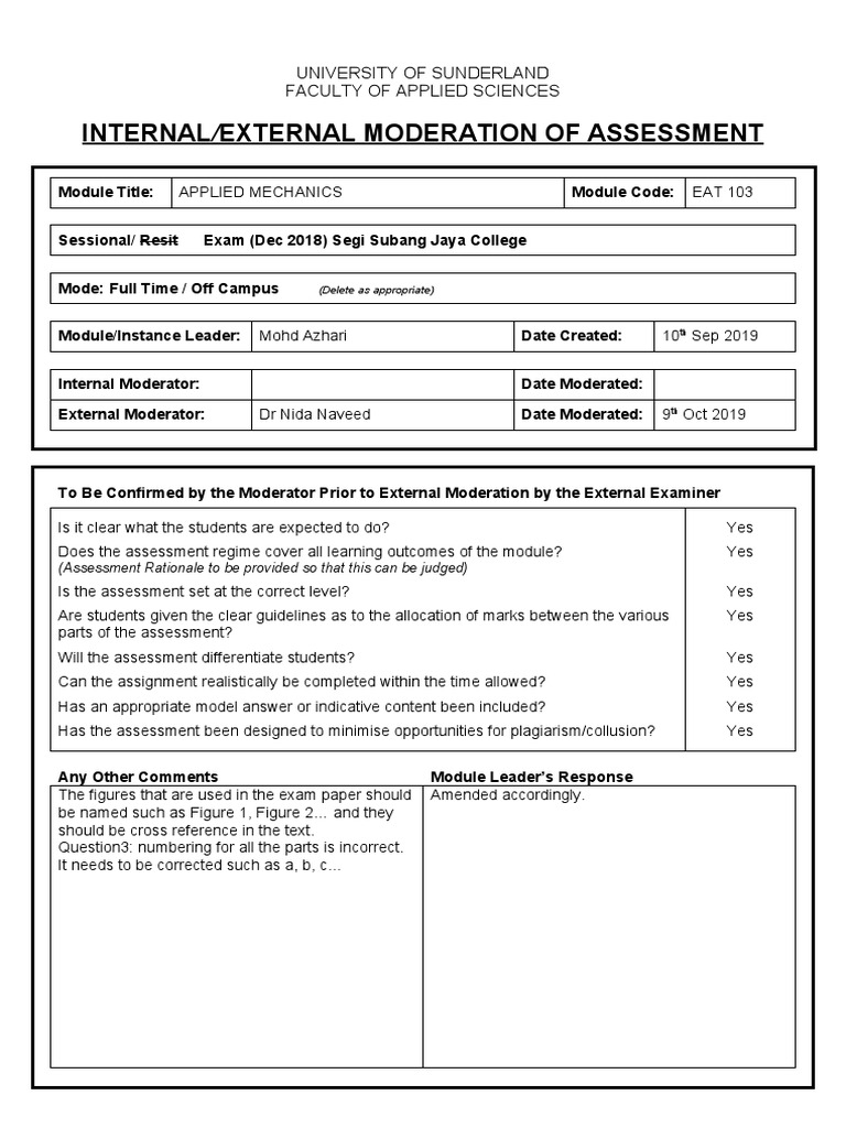 SCSJ Moderation Form EAT103 Exam | PDF | Test (Assessment) | Cognition