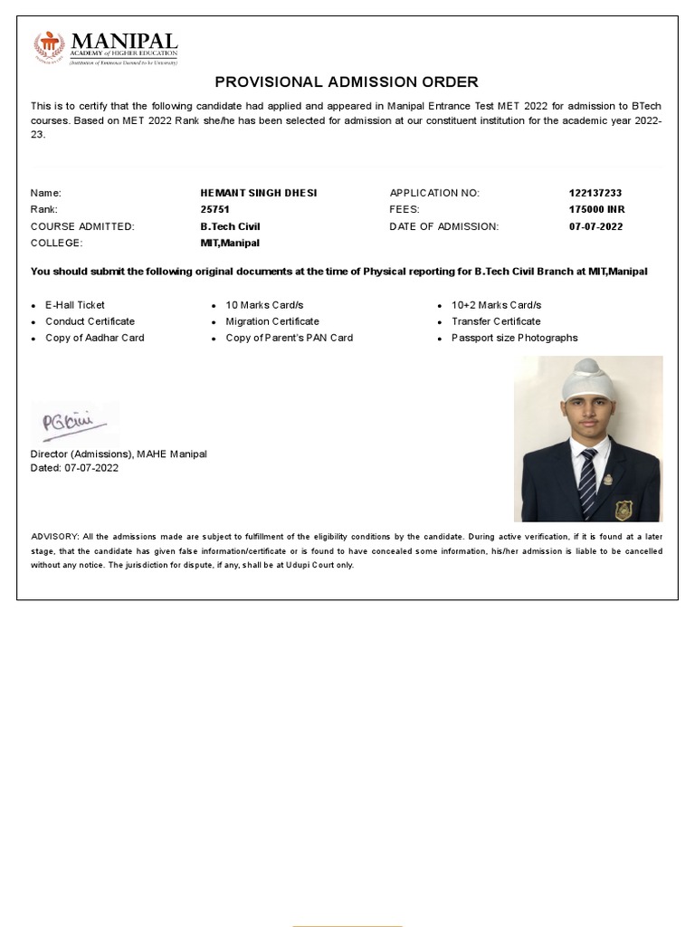 Provisional Admission Form - Manipal | PDF