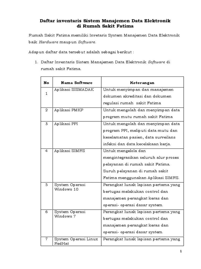 Daftar Inventaris Sistem Manajemen Data Elektronik RS | PDF