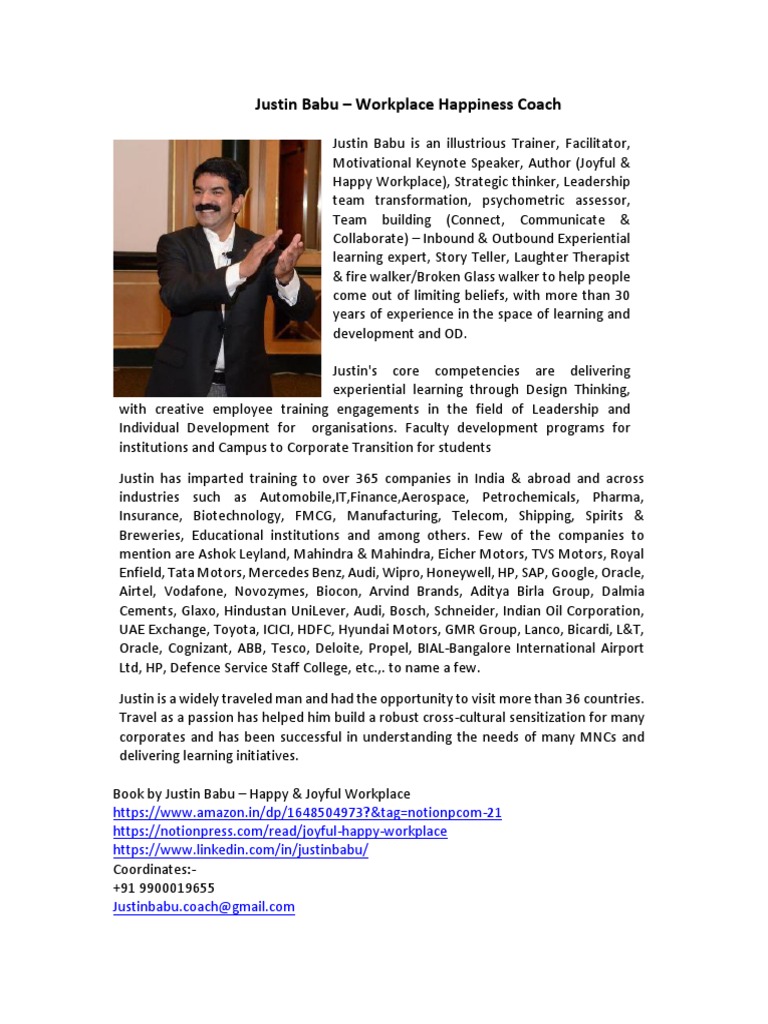 Justin Babu Trainer-Workplace Happiness Coach-Motivational Keynote Speaker Profile | PDF ...