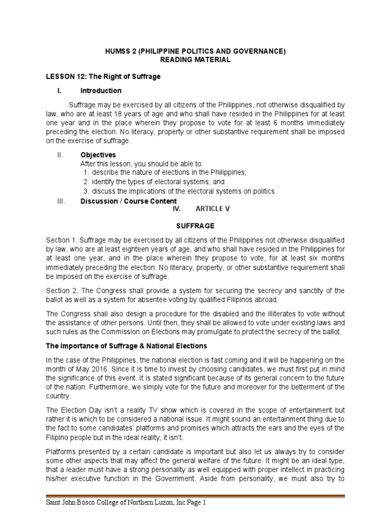 Lesson 12 The Right Of Suffrage Download Free Pdf Suffrage Elections