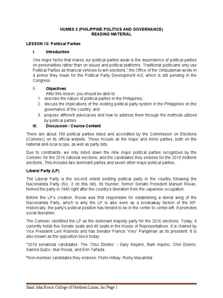 LESSON 13 Political Parties | PDF | Philippines | Government