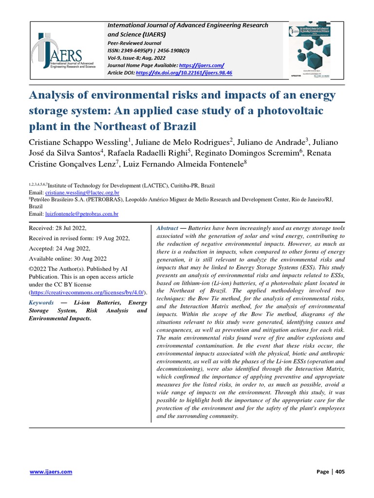 Analysis Of Environmental Risks And Impacts Of An Energy Storage System