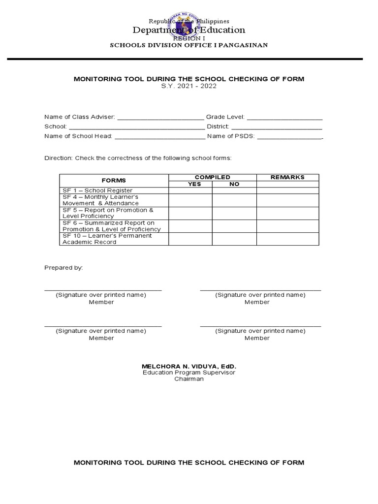Monitoring Tool During The School Checking of Forms | PDF