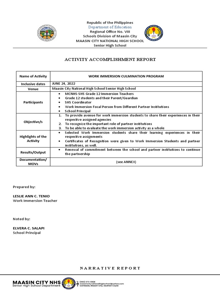 Work Immersion Culmination Program Report | PDF | Behavior Modification ...