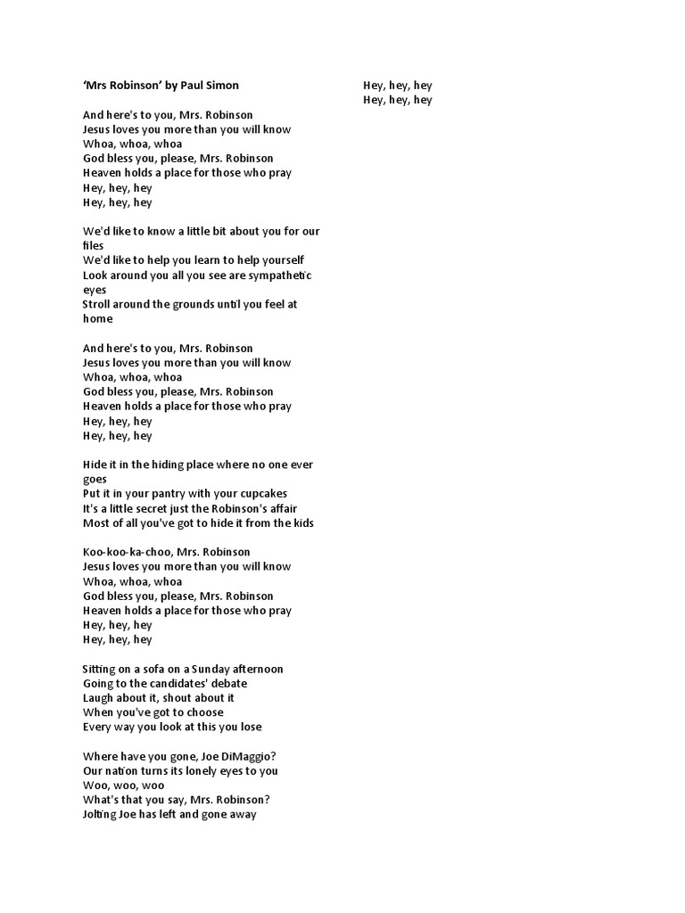 The Graduate - Mrs Robinson Lyrics | PDF