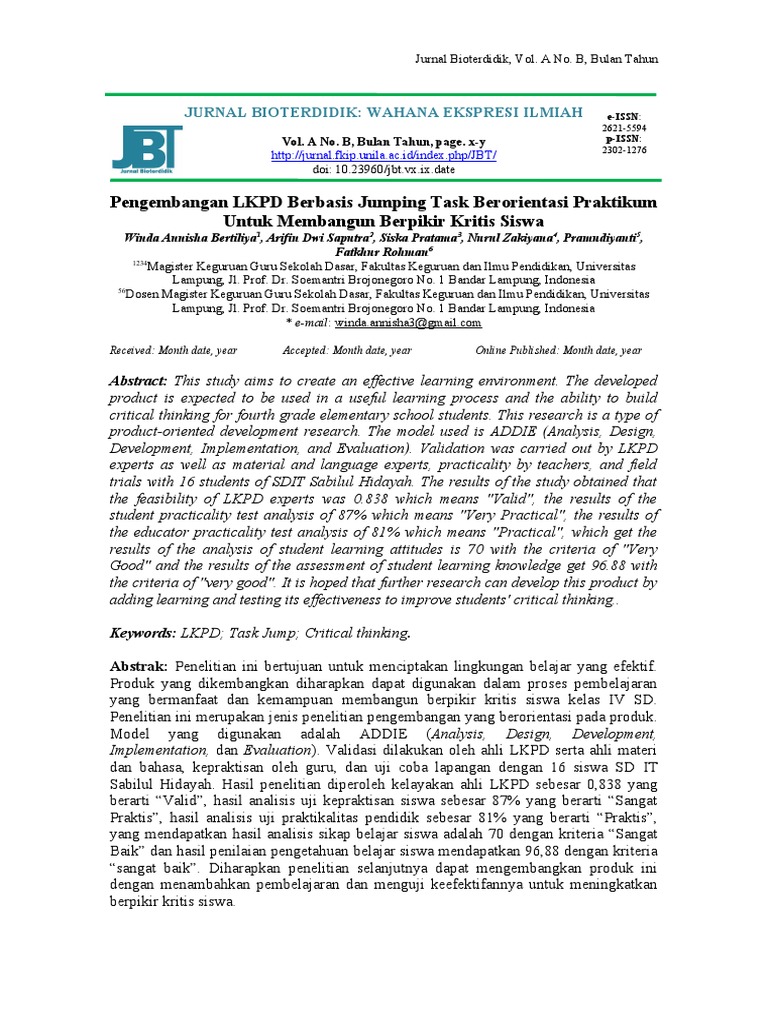 Pengembangan LKPD Berbasis Jumping Task Berorientasi Praktikum Untuk Menbangun Berfikit Kritis ...