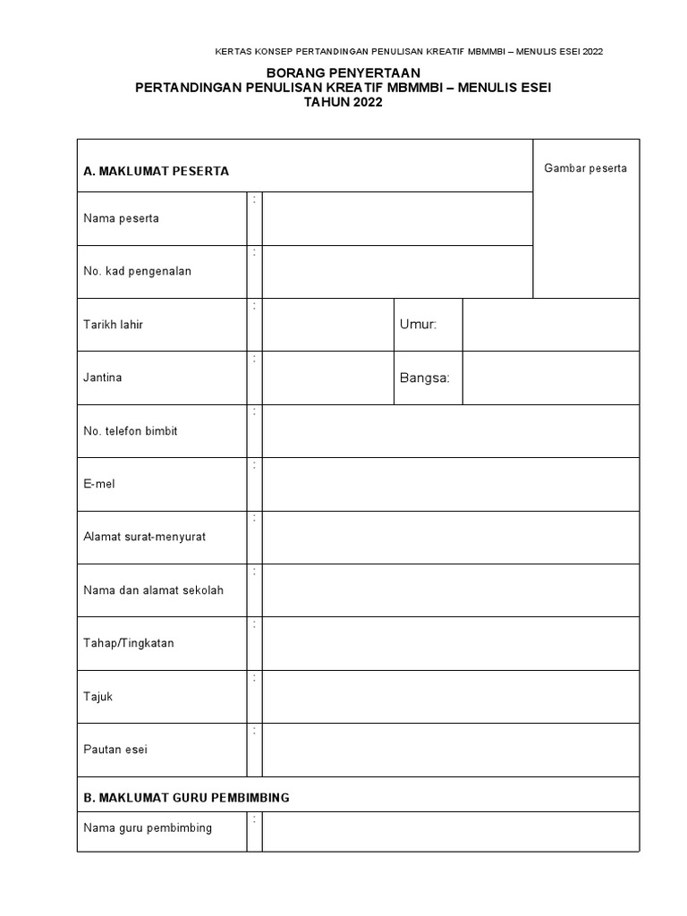 Borang Penyertaan Menulis Esei | PDF