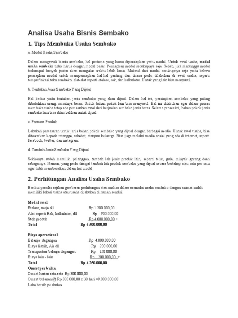 Analisa Usaha Bisnis Sembako | PDF