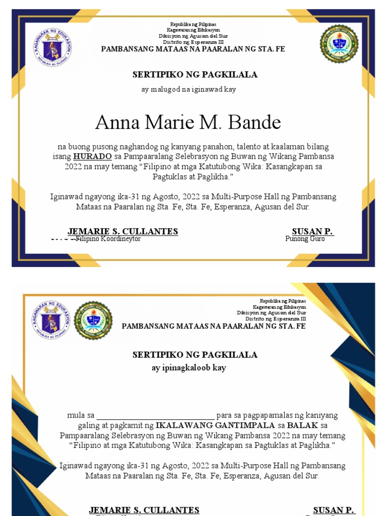 BUWAN NG WIKA 22 Certificates Template | PDF