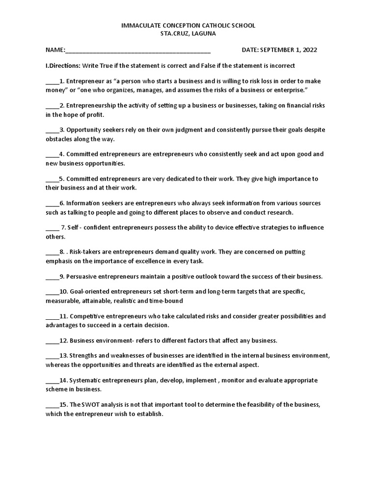 Tle 9 Asynchronous Activity Sept 1 2022 | PDF | Entrepreneurship | Risk
