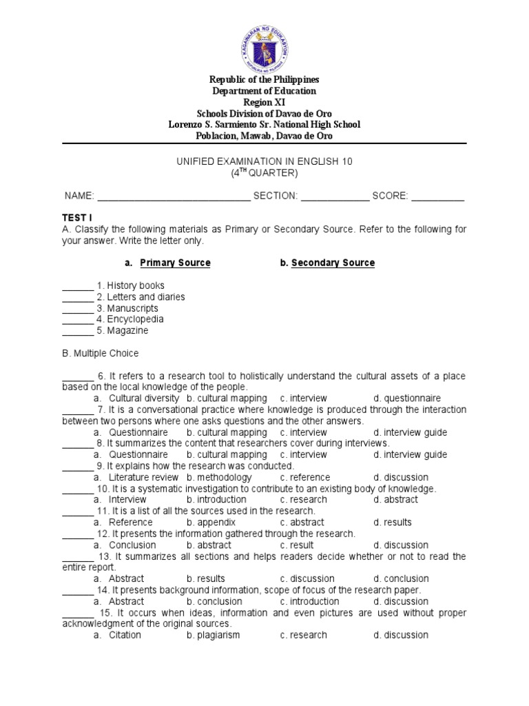 Unified Test in Eng 10 | PDF | Cognitive Science | Science