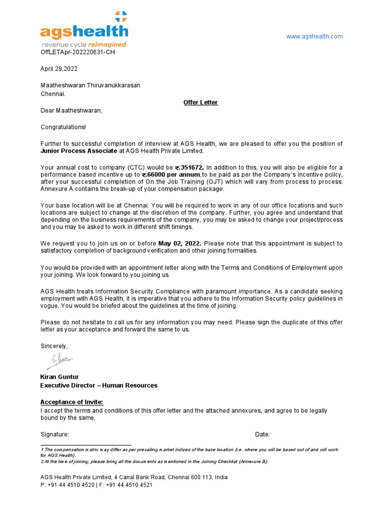 Ags Offer Letter | PDF | Employment | Indemnity