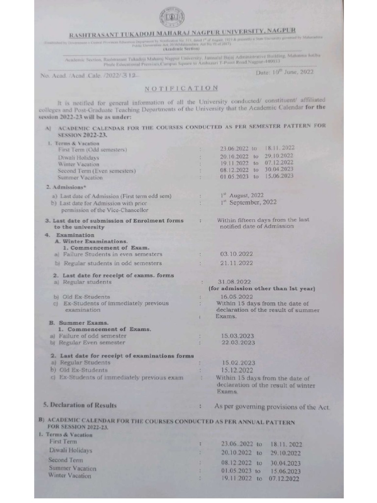 RTMNU Academic Calendar 2022 23 | PDF
