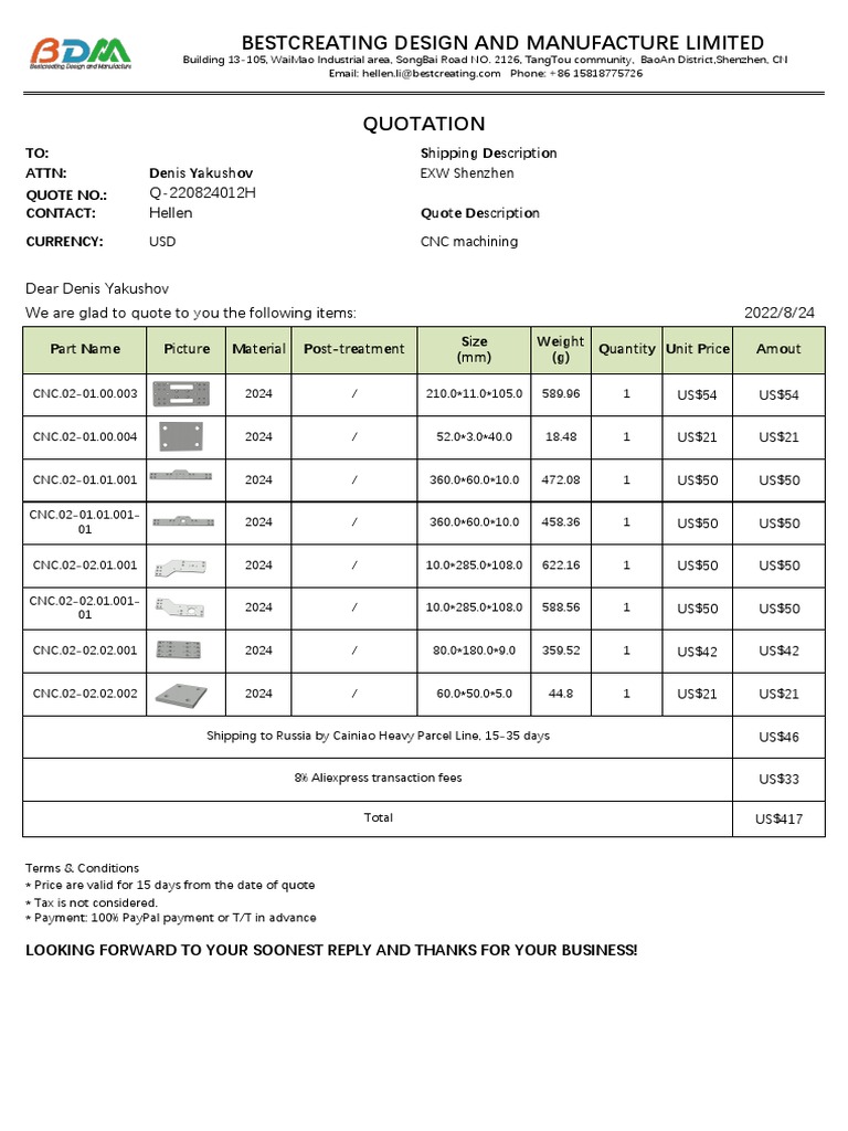 Quote CNC BDM20220824012H | PDF | Business | Trade