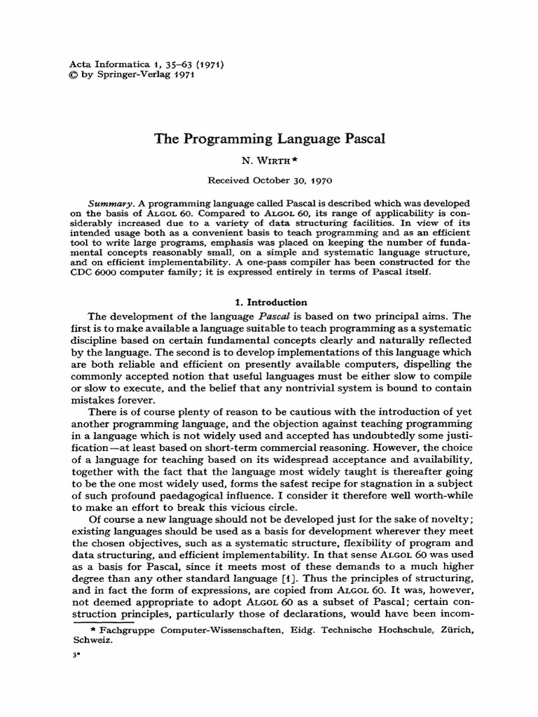An Introduction To The Programming Language Pascal Its Features Implementation And Use For