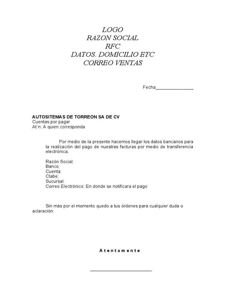 Carta para Enviar Datos Bancarios | PDF Carta para Enviar Datos Bancarios | PDF