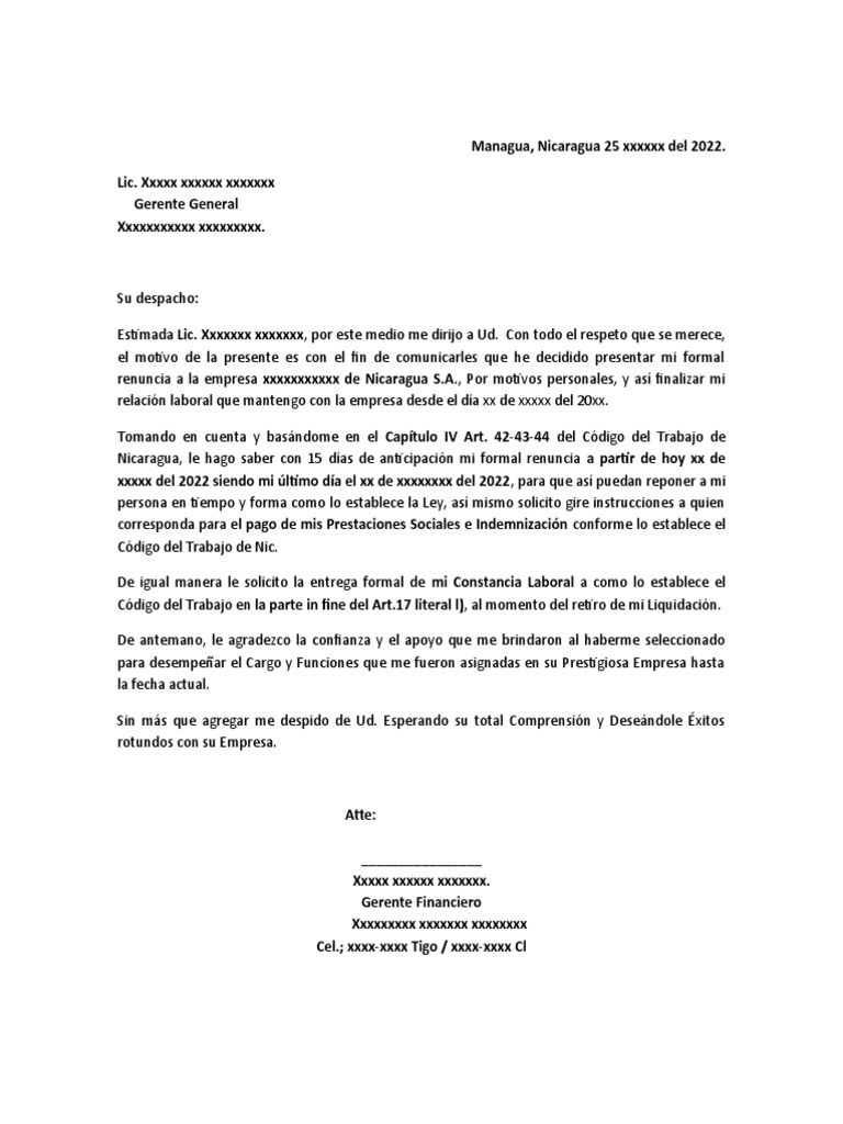 Carta de Renuncia Conforme El Codigo Del Trabajo Nicaragua - Ley 185 | PDF