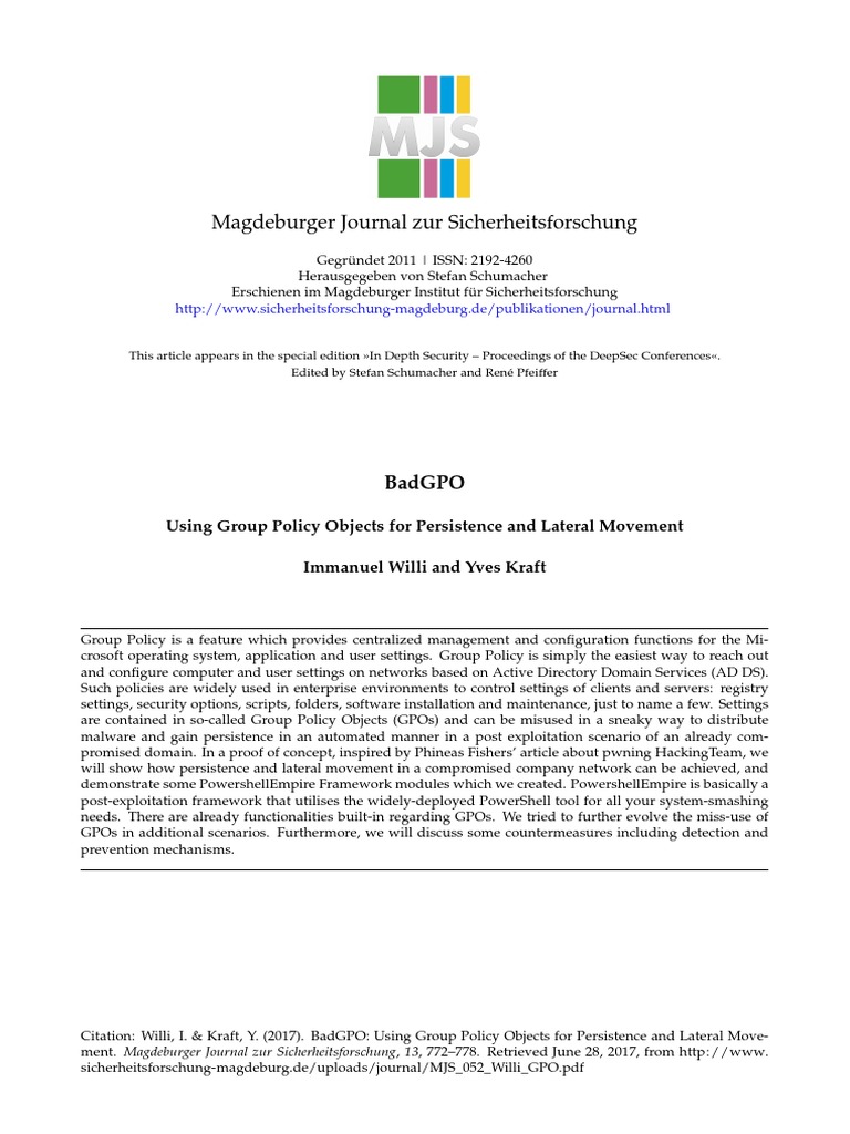 Using Group Policy Objects For Persistence And Lateral Movement Pdf Group Policy Malware