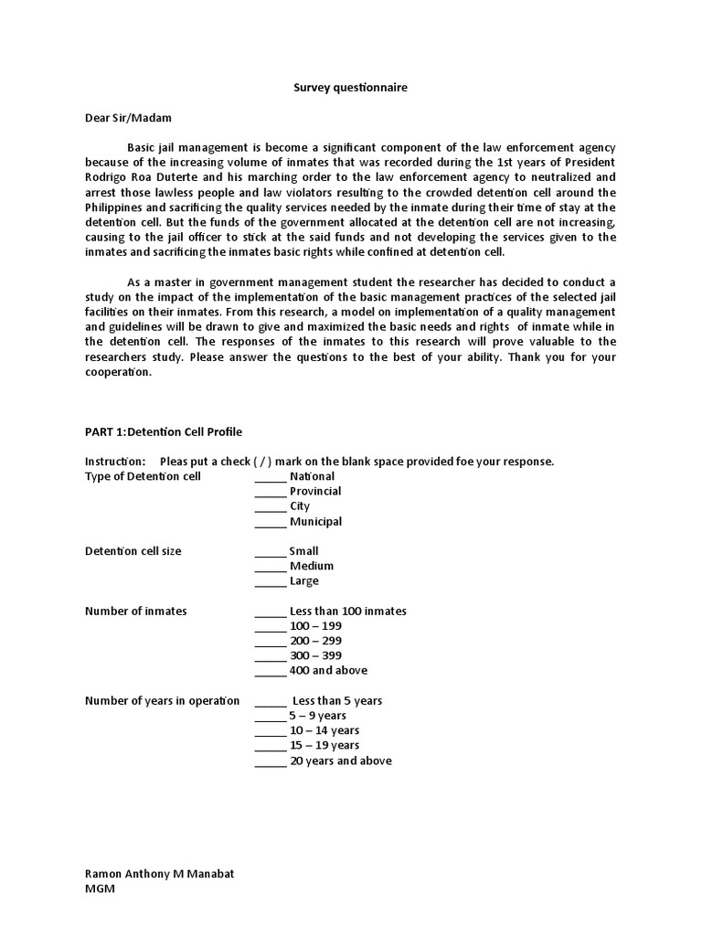 Survey Questionnaire MBA | PDF | Prison | Criminal Law