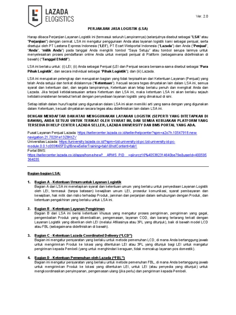 (ID) Logistics Services Agreement (LSA With Sellers) - v2.0 - New | PDF