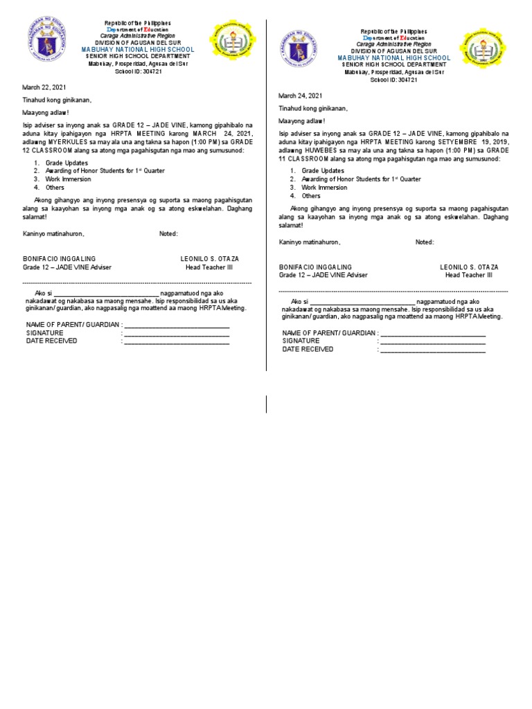 Letter For HRPTA 2nd QUARTER | PDF