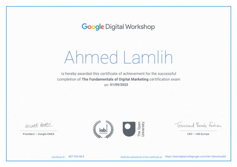 Ahmed Lamlih's Google Digital Workshop Certificate | PDF | Technology & Engineering