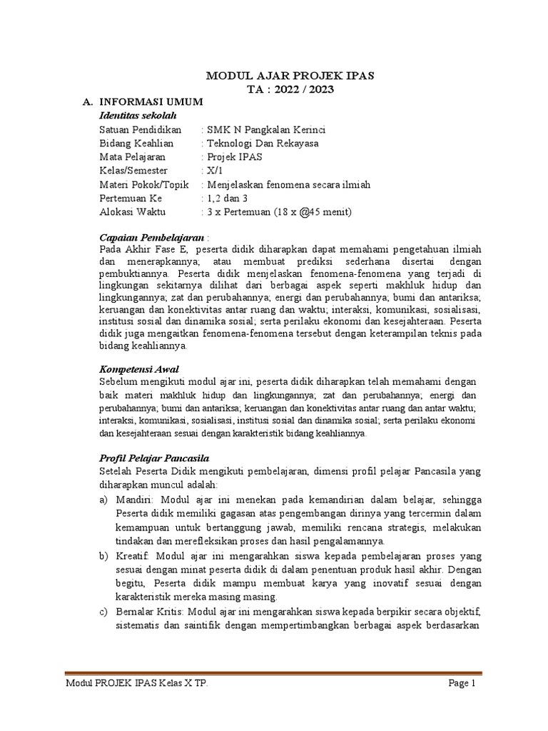 MODUL AJAR PROJEK IPAS Teknologi Dan Rekayasa - 3 | PDF | Seni