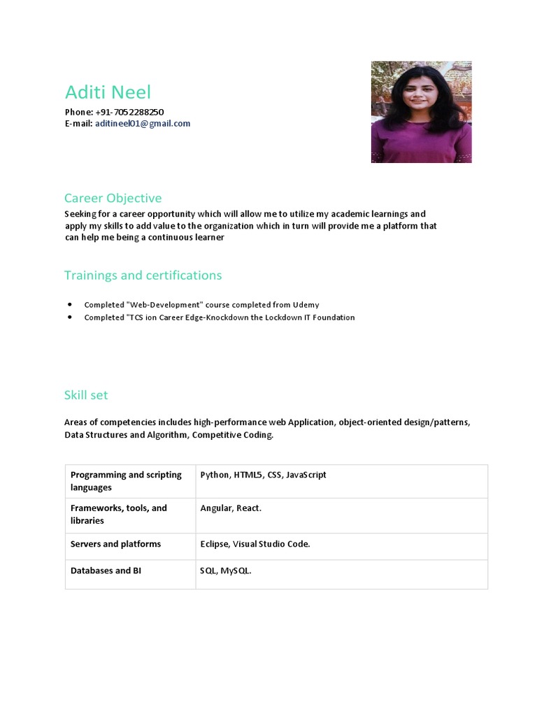 Aditi Resume Pdf Java Script Computer Programming