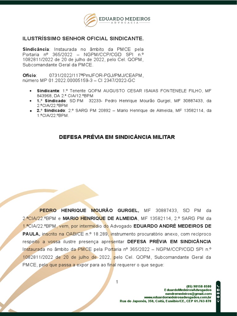 Defesa Prévia em Sindicância Militar PMCE | PDF | Prova (jurídico) | Direito Público
