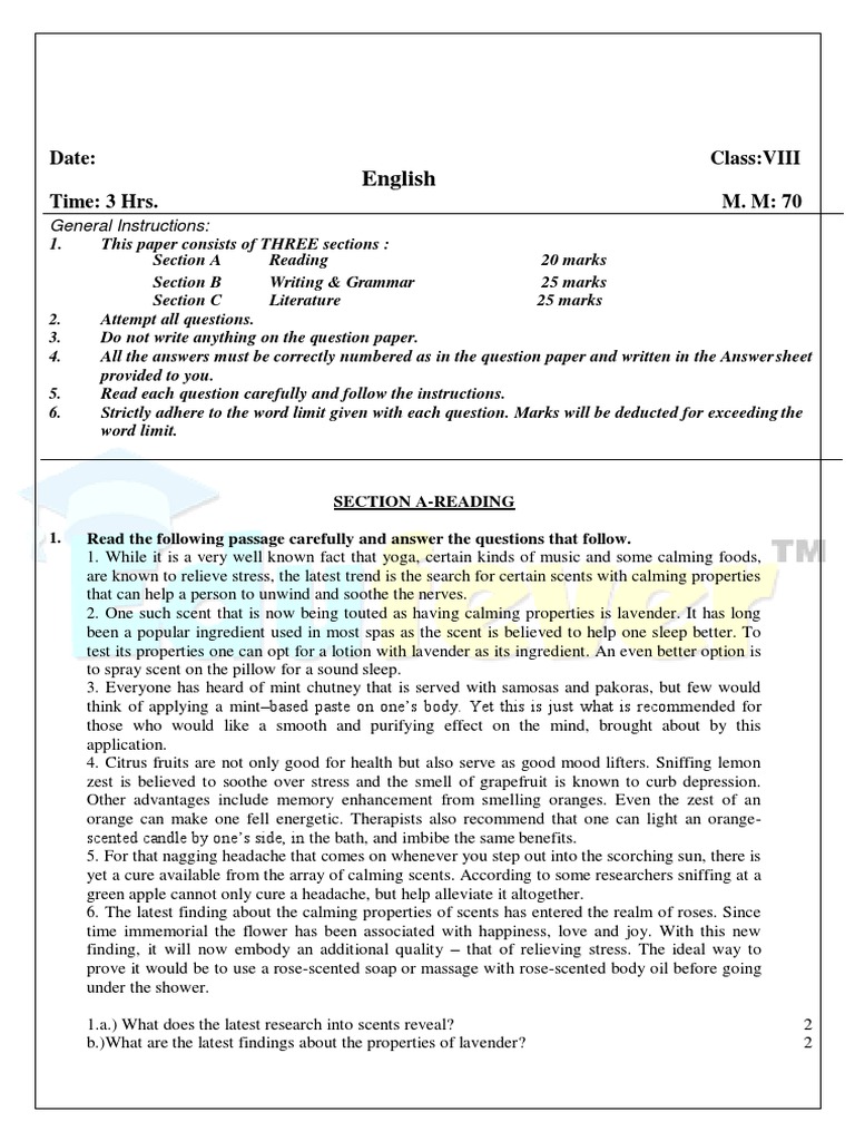 Class 8 English Previous Year Paper | PDF