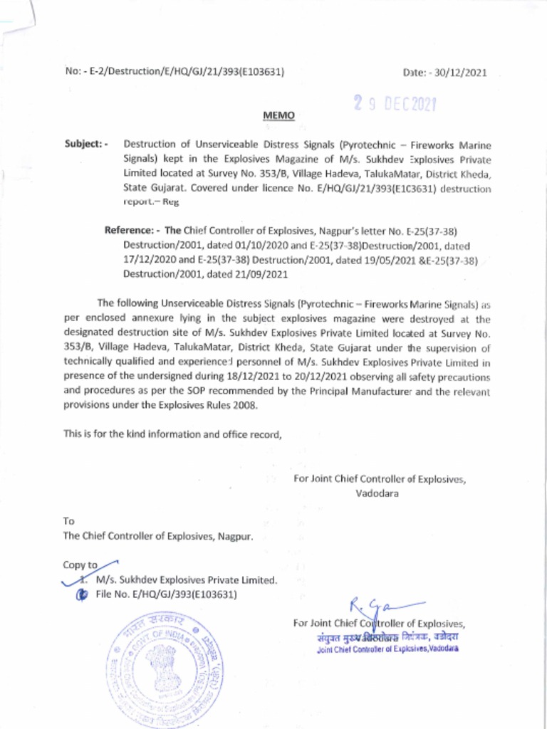 ASK Marine PESO MEMO Letter For Destruction - PO - 072021-01 | PDF