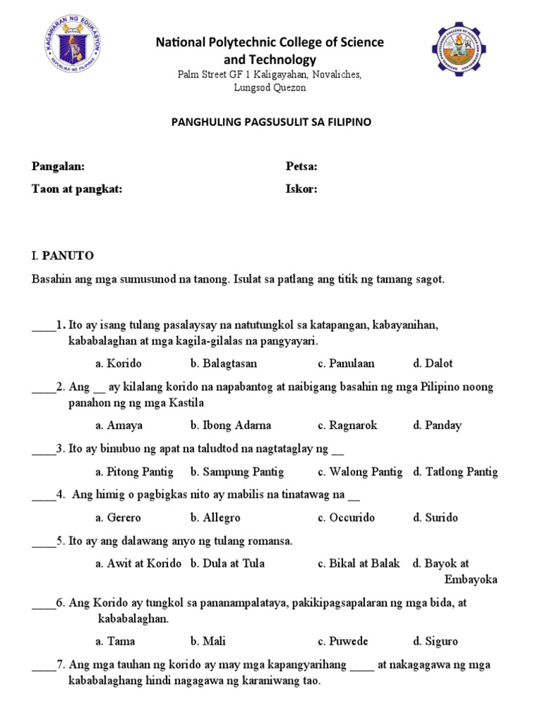 Panghuling Pagsusulit Sa Filipino 7 (2) | PDF