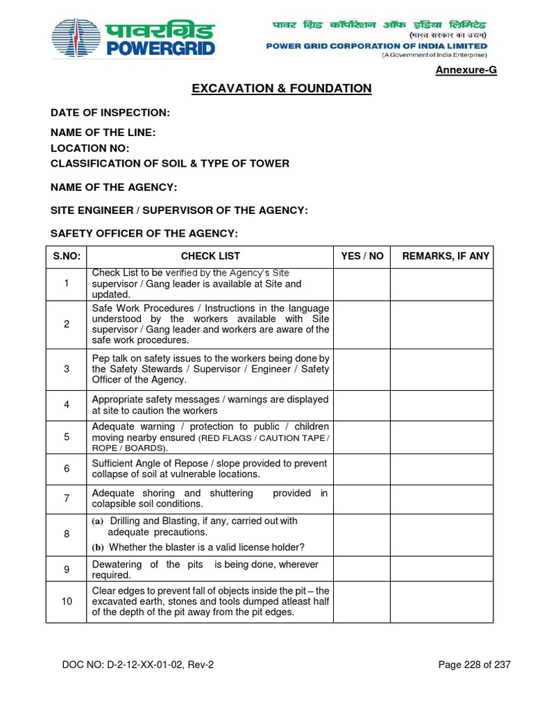 Safety Audit Checklist - Excavation & Foundation | PDF | Safety