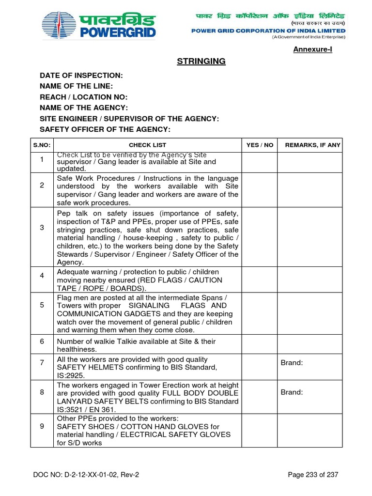 Safety Audit Checklist - Stringing Activity | PDF | Rope | Personal ...