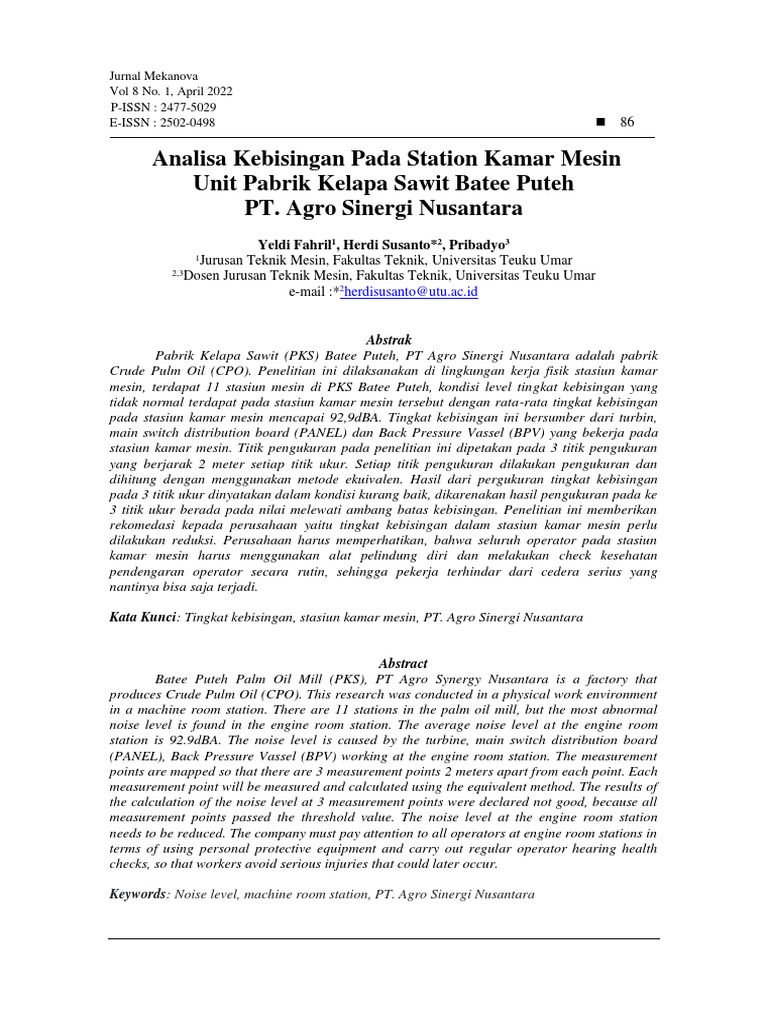 Analisa Kebisingan Pada Station Kamar Mesin Unit Pabrik Kelapa Sawit Batee Puteh PT. Agro ...
