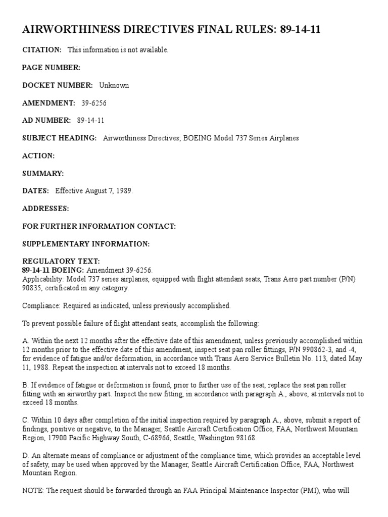 Airworthiness Directives Final Rules: 89-14-11 | PDF | Federal Aviation ...