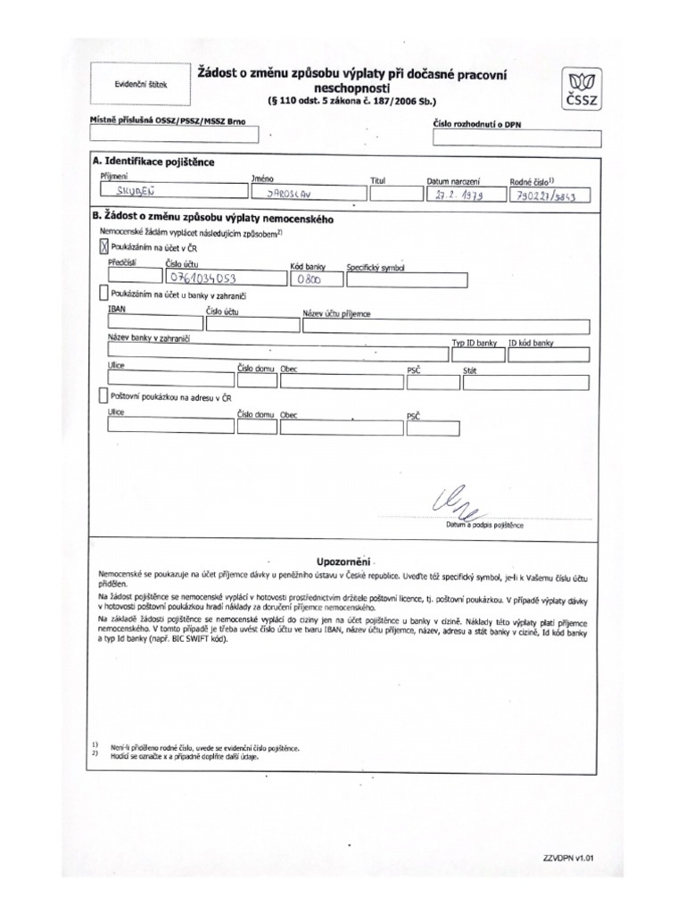 Zádost o Zmenu Zpûsobu Vyplaty Pri Docasné Pracovní | PDF