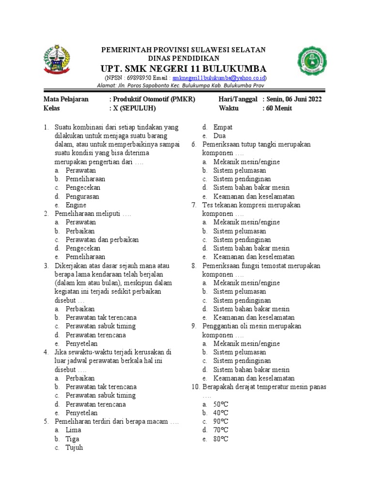Soal Produktif Xi Otomotif (PMKR) | PDF | Komputer | Teknologi & Rekayasa