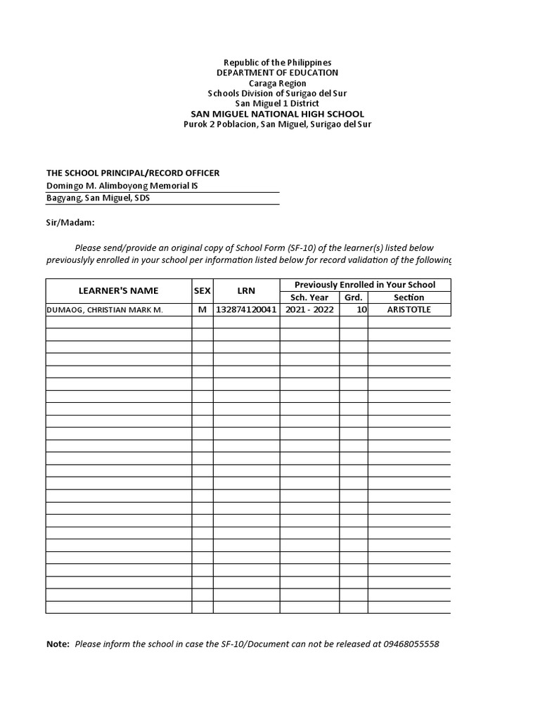 SF-10 Request for Student Records | PDF