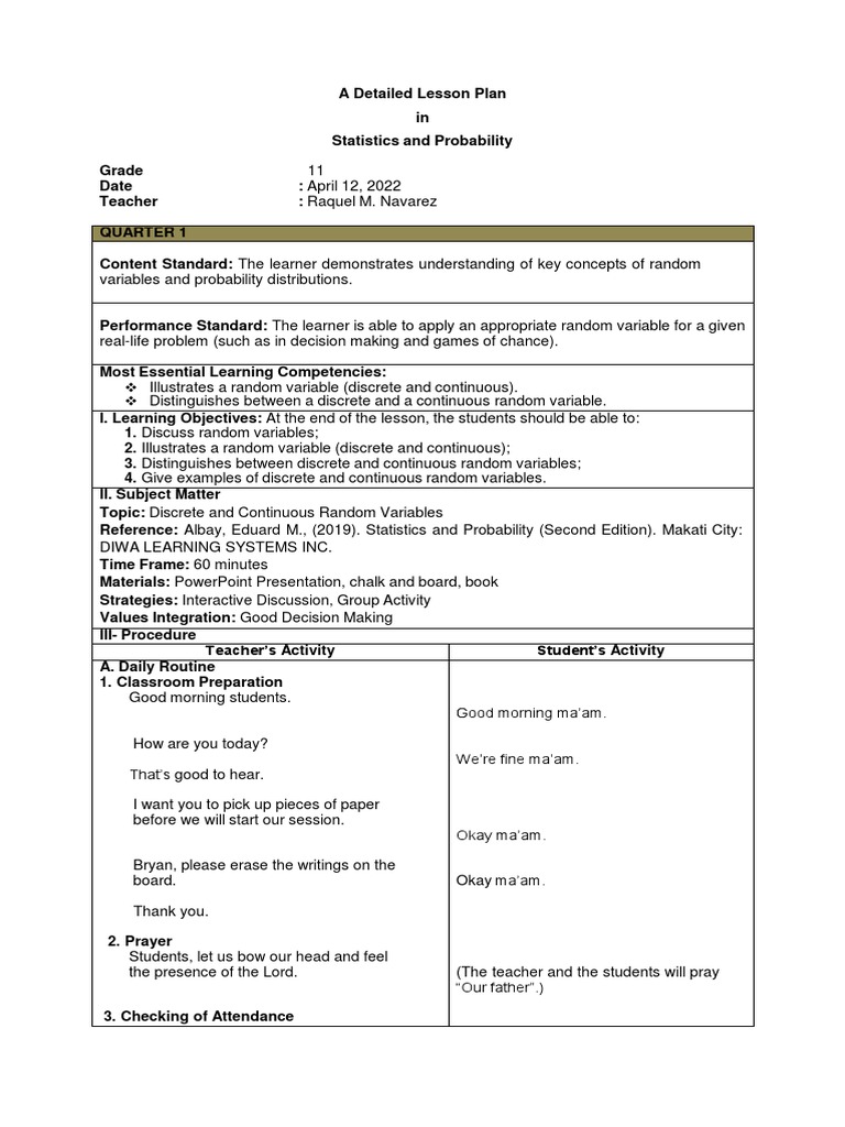 A Detailed Lesson Plan Iin Statistics and Probability | PDF | Probability Distribution | Random ...