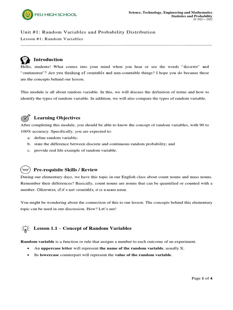 Module 1 - Random Variables | Download Free PDF | Random Variable | Probability Distribution