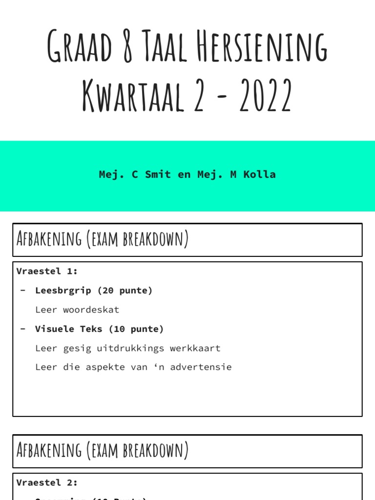 Graad 8 Taal Hersiening Kwartaal 2 - 2022 | PDF