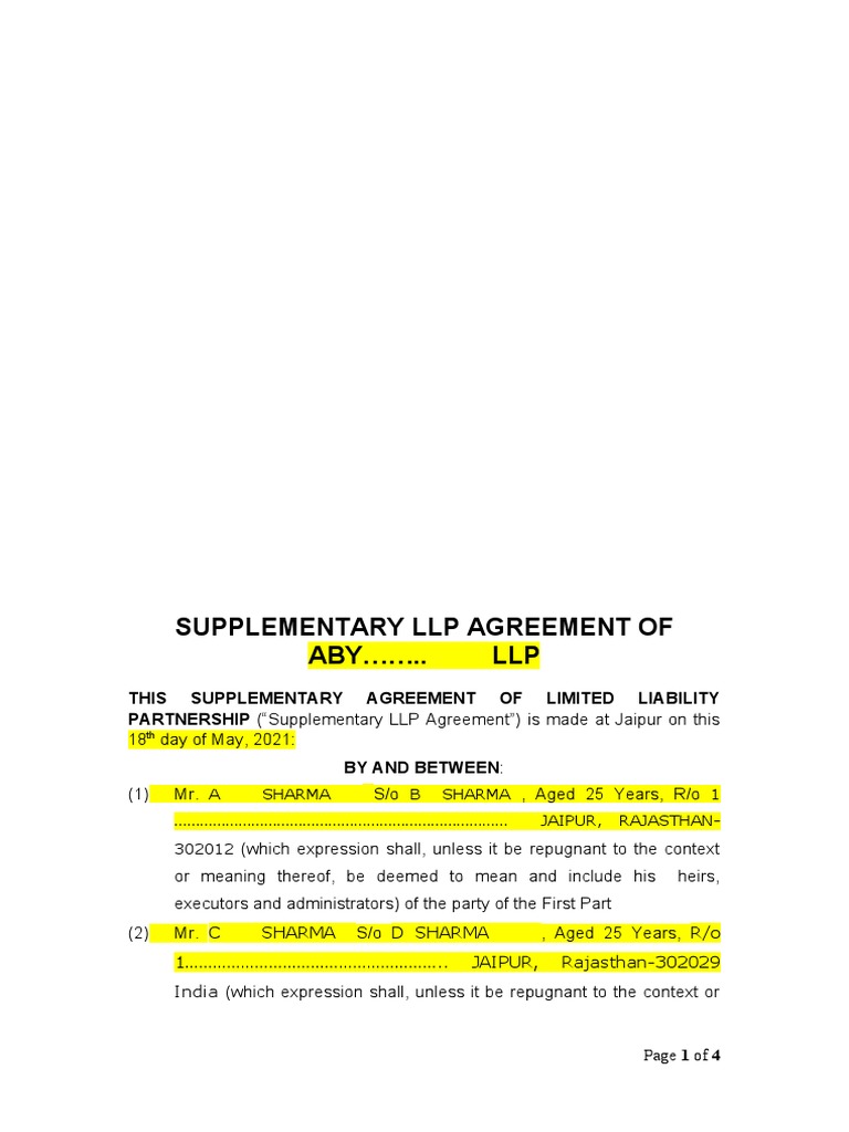 Format of Supplementary LLP Agreement For Admission and Resignation of Partner | PDF | Limited ...
