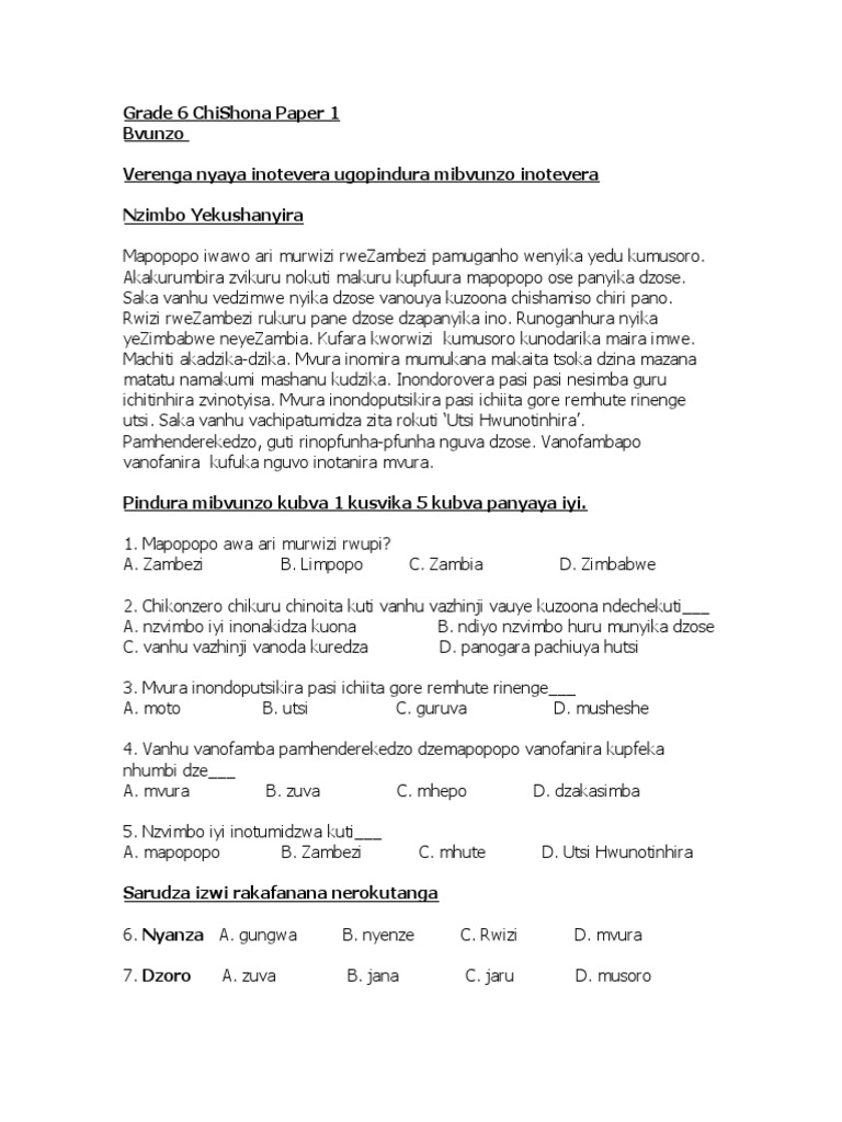 Grade 6 ChiShona Paper 1 Prince JNR | PDF